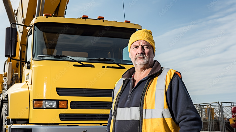Portrait of caucasian adult crane operator, driver work construction ...