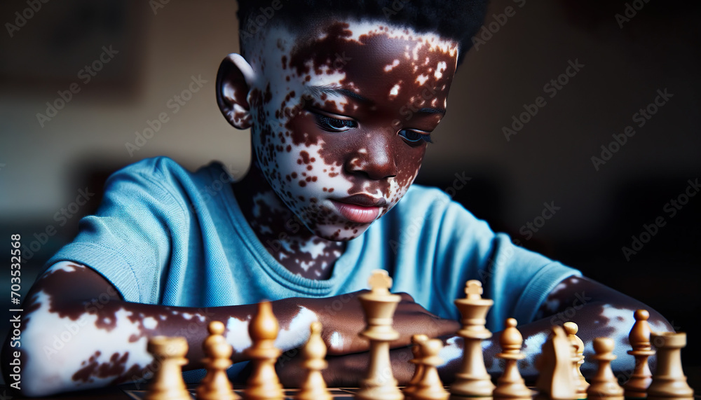 An African boy with Vitiligo playing chess. Vitiligo is a chronic ...