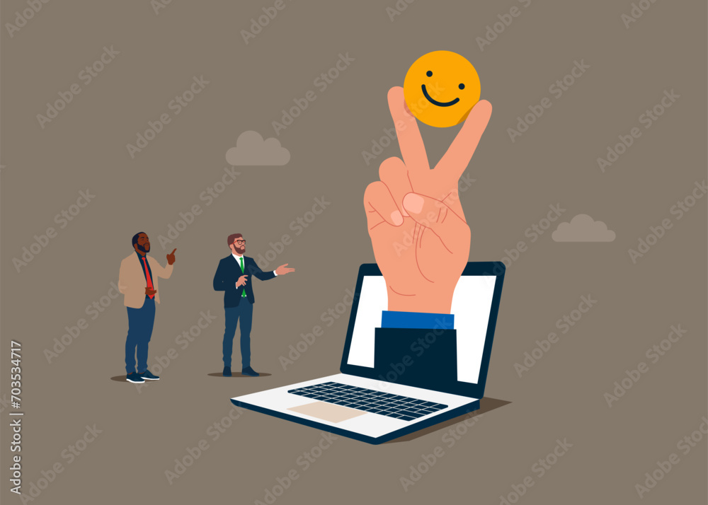 Positive attitude. Peace hand gesture sign with smiling emoji symbol in ...