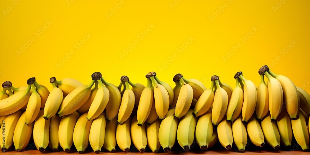several ripe bananas stacked on top of each other in front of a yellow ...
