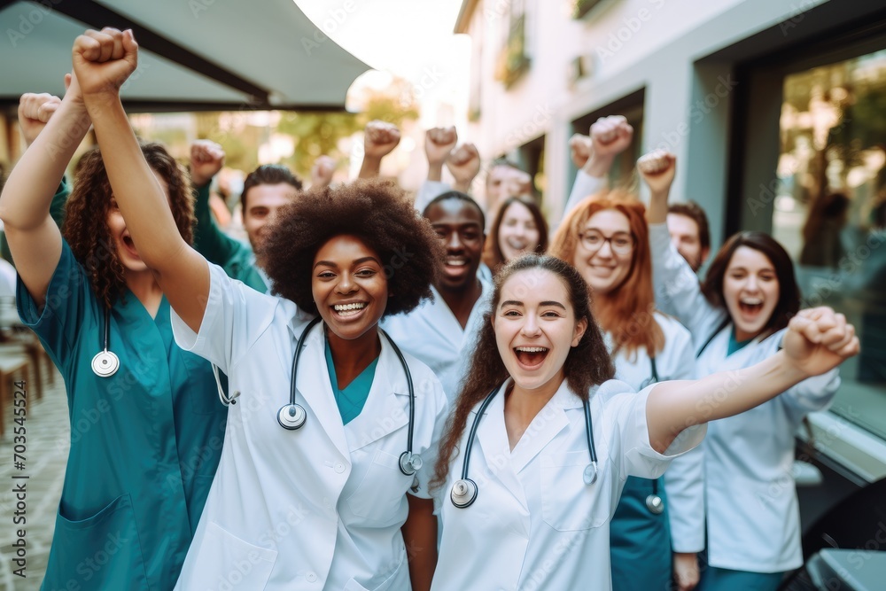Group of young female doctors or nurse cheering with arms raised in the ...