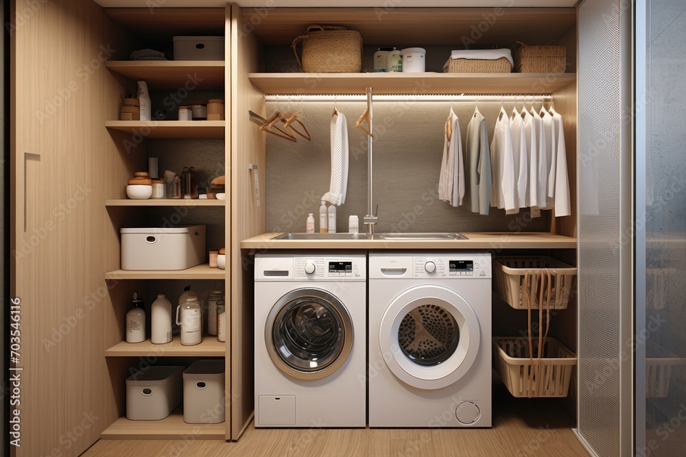 Laundry room interior with modern washing machine and wooden hangers ...