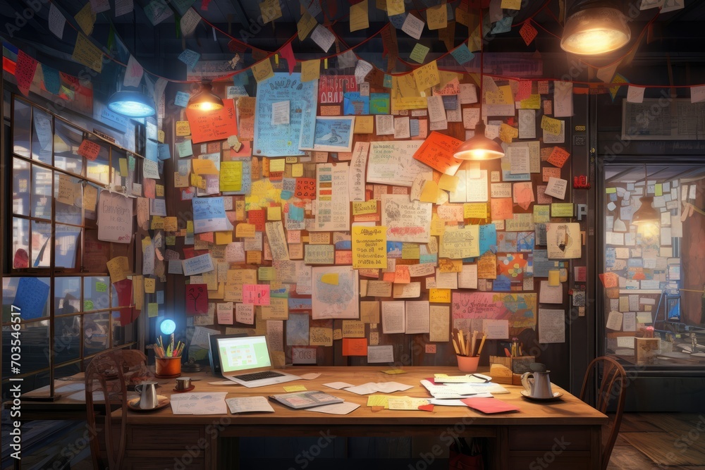 Interior of office with many post-it notes on the wall, Discover an ...