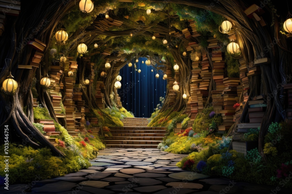 3D render of a fantasy fantasy portal with a staircase and books ...