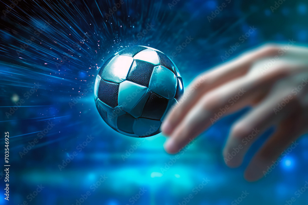 A dramatic and dynamic moment in football, the goalkeeper's hand ...