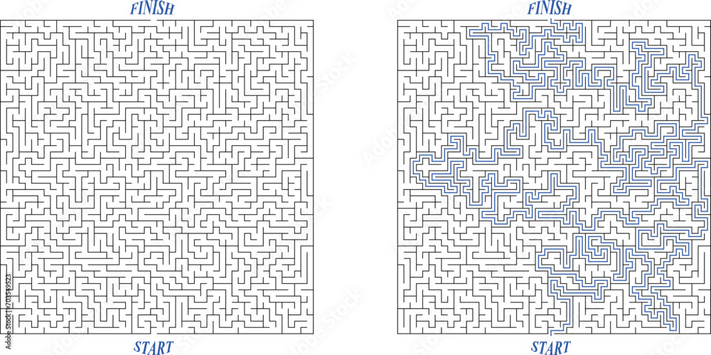 Big square labyrinth. Maze of high complexity with solution. Black and white complex riddle with ...