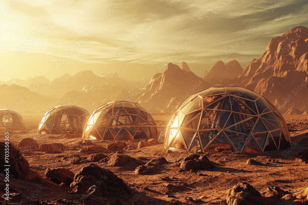 Colony of human settlers living in futuristic, domed habitats on the ...