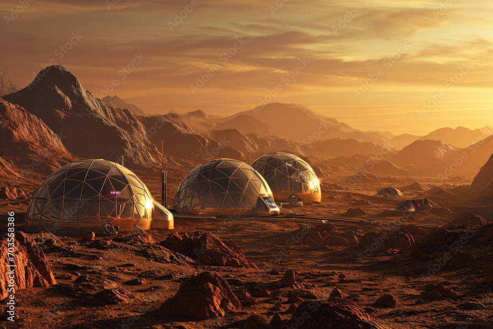 Colony of human settlers living in futuristic, domed habitats on the ...