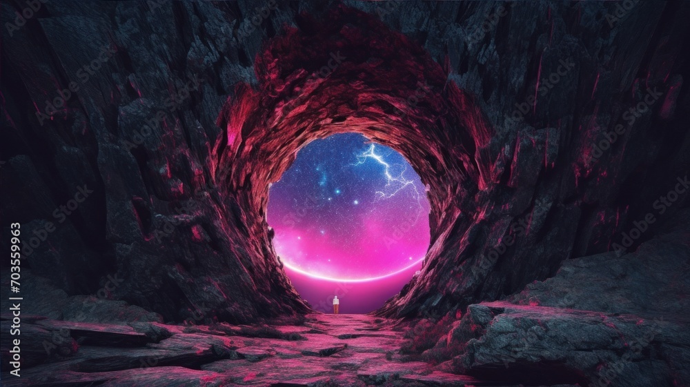 Mystical Cave Opening to a Galactic Sky. A lone figure stands before an ...