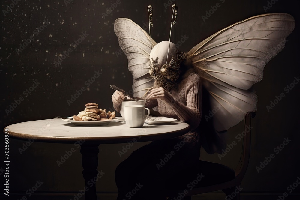 Insect moth transformed into a humanoid figure, sitting at a table with ...
