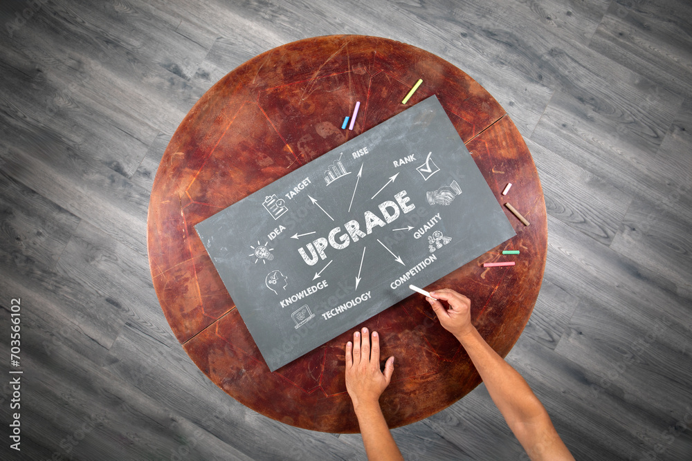 UPGRADE. Idea, Rank, Quality and Tehnology concept. Chart with keywords ...