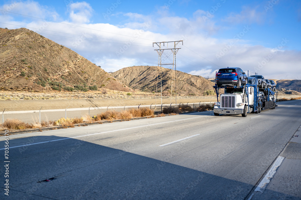Classic car hauler white big rig semi truck tractor transporting cars ...