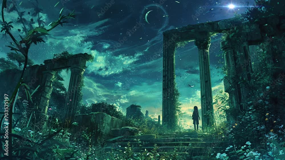 Vidéo Stock ancient ruins at night with beautiful star views. seamless ...