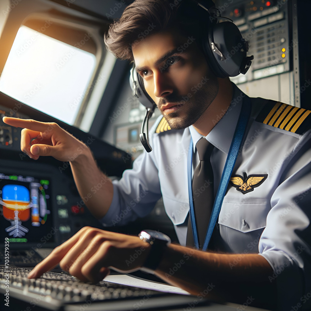 Young Man Professional Copilot in Uniform and Hat Talking to the Pilot ...