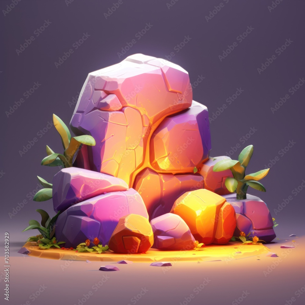 Vibrant stylized rocks glowing with embedded crystals, depicting an ...