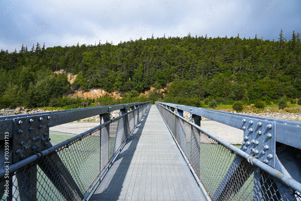 Skagway footbridge spanning the Skagway river of meltwater flowing into ...