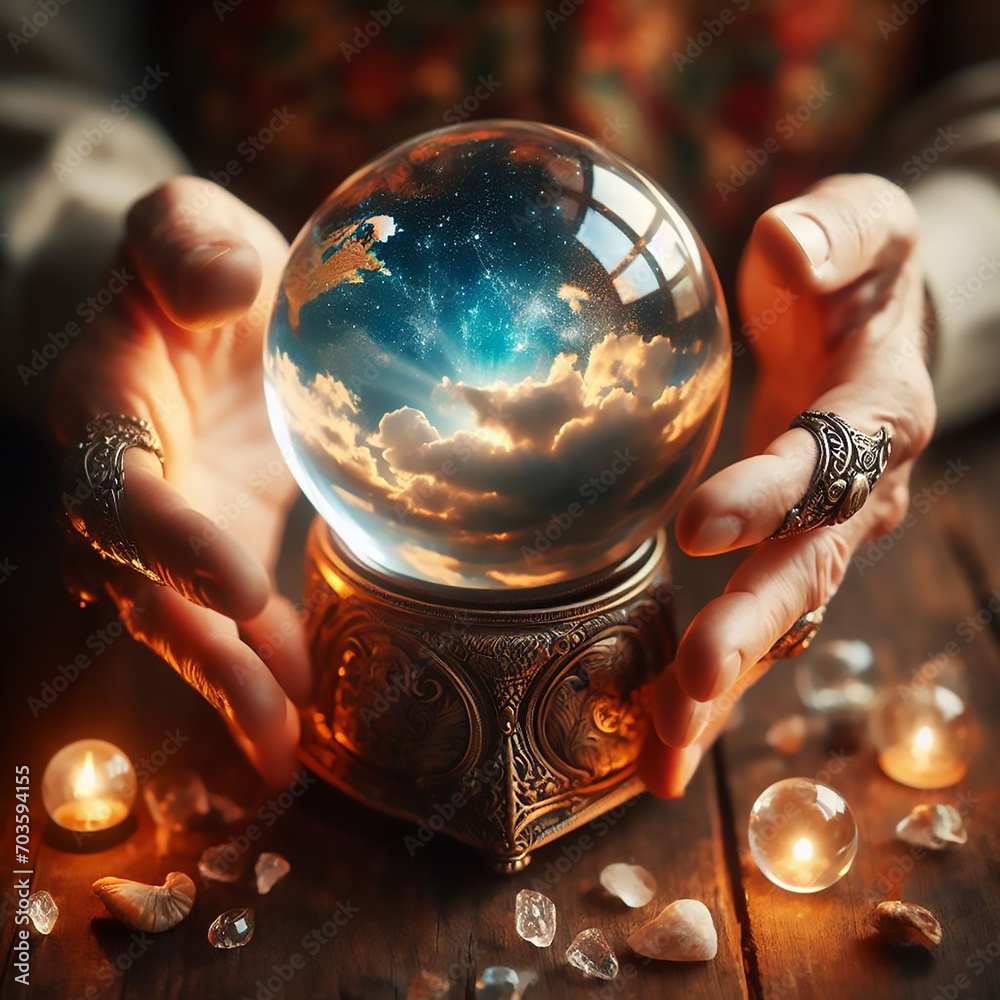 Crystal ball of predictions in the hands of a fortune teller. Witch ...