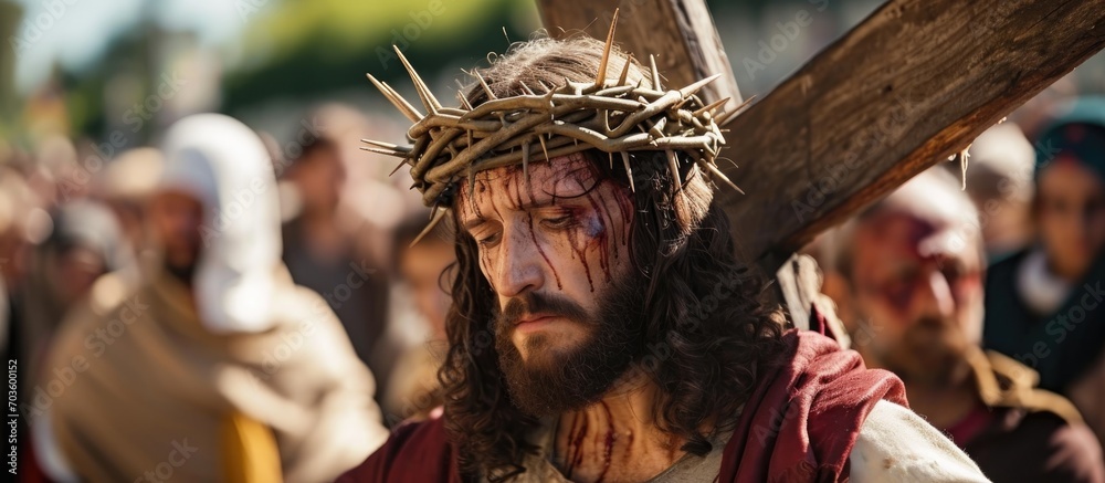 Jesus carrying the cross in a parade. Stock Photo | Adobe Stock