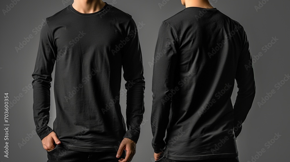 Black long sleeved t-shirt mock up, front and back view, isolated. Male ...