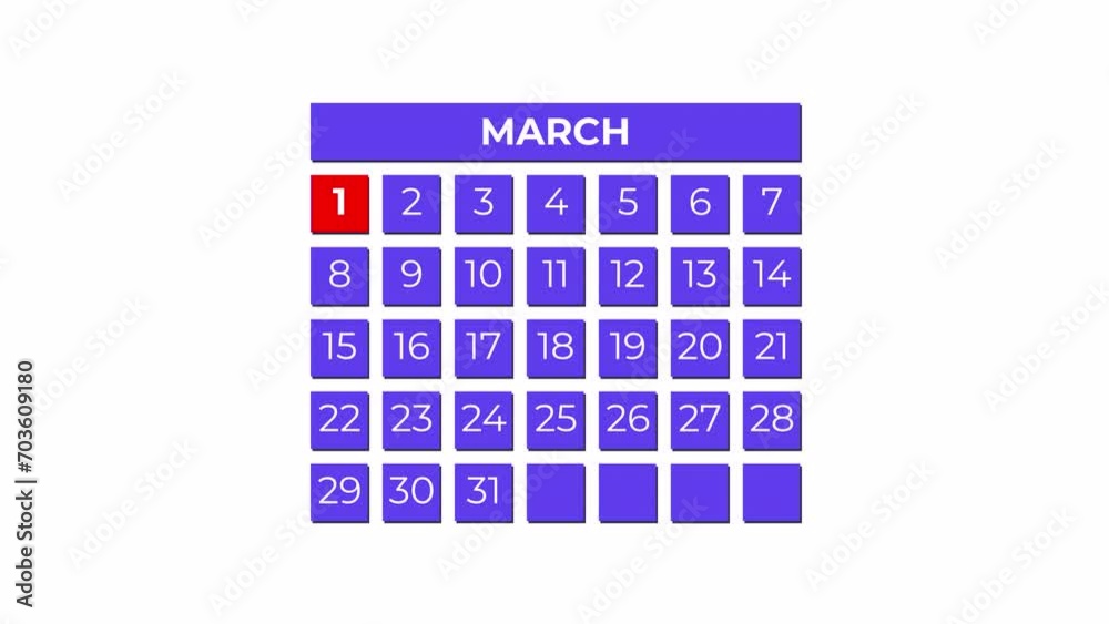 1st March calendar icon animation. Alpha matte with transparent ...
