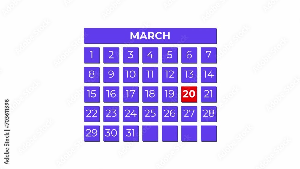 20th March calendar icon animation. Alpha matte with transparent ...