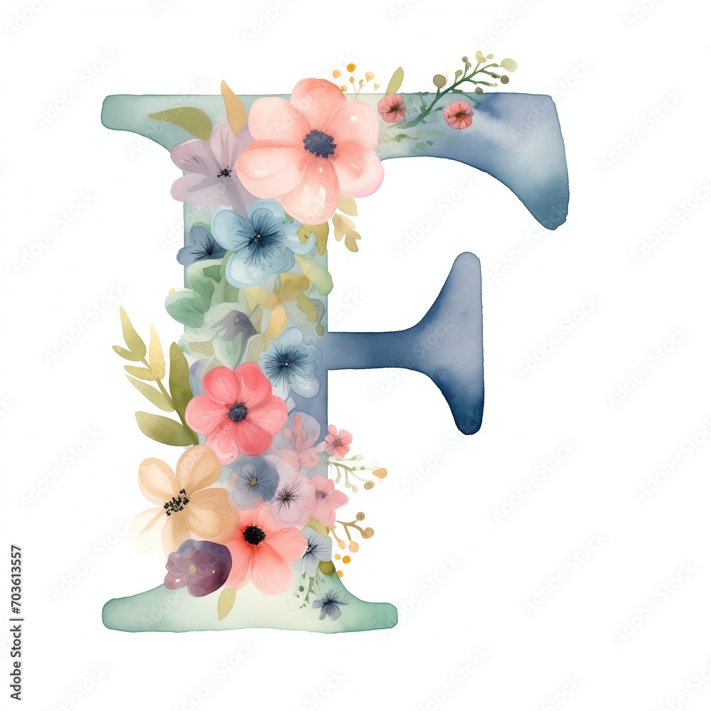 Letter D, alphabet letters with watercolor flowers and leaves. Floral ...
