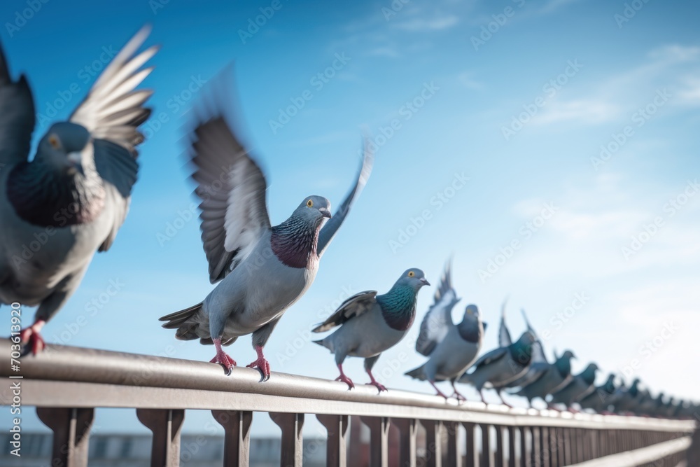Pigeons, bird, soaring from the fence against a blue sky background ...