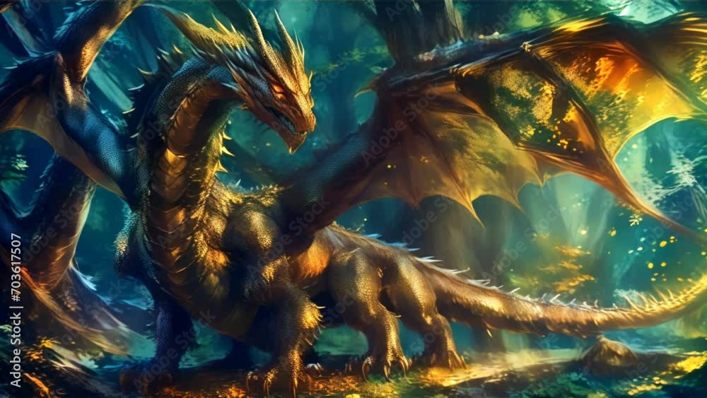 A colossal dragon, resplendent in gold, towers within a forest, its ...