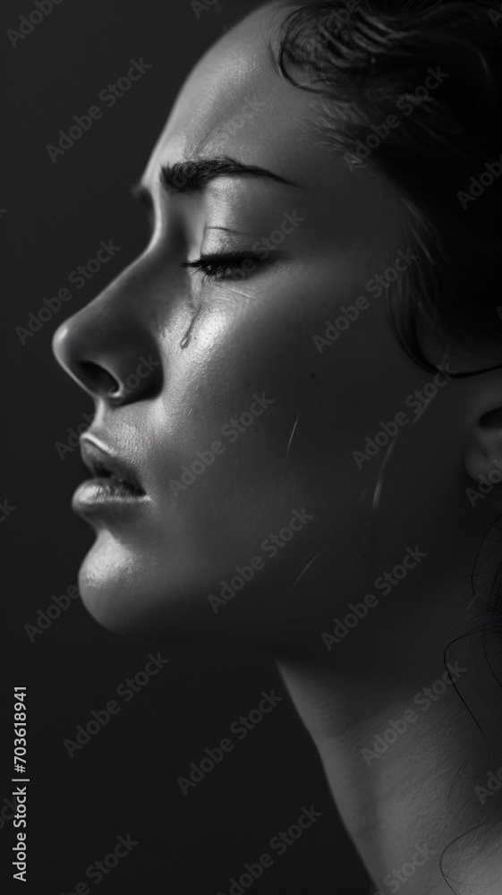 black and white side view portrait of a person with a single tear ...