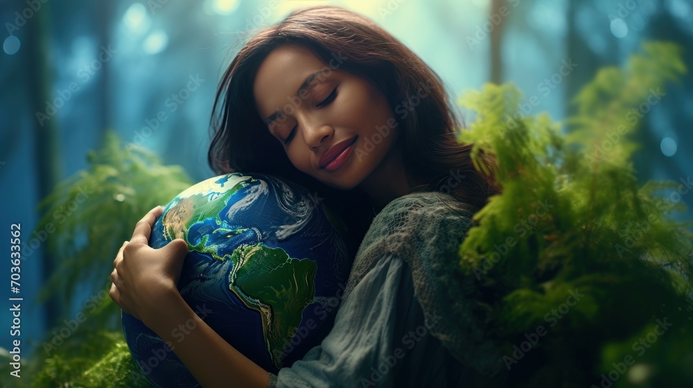 Happy Woman Hugging Planet Earth. Female Embracing Globe Earth for ...