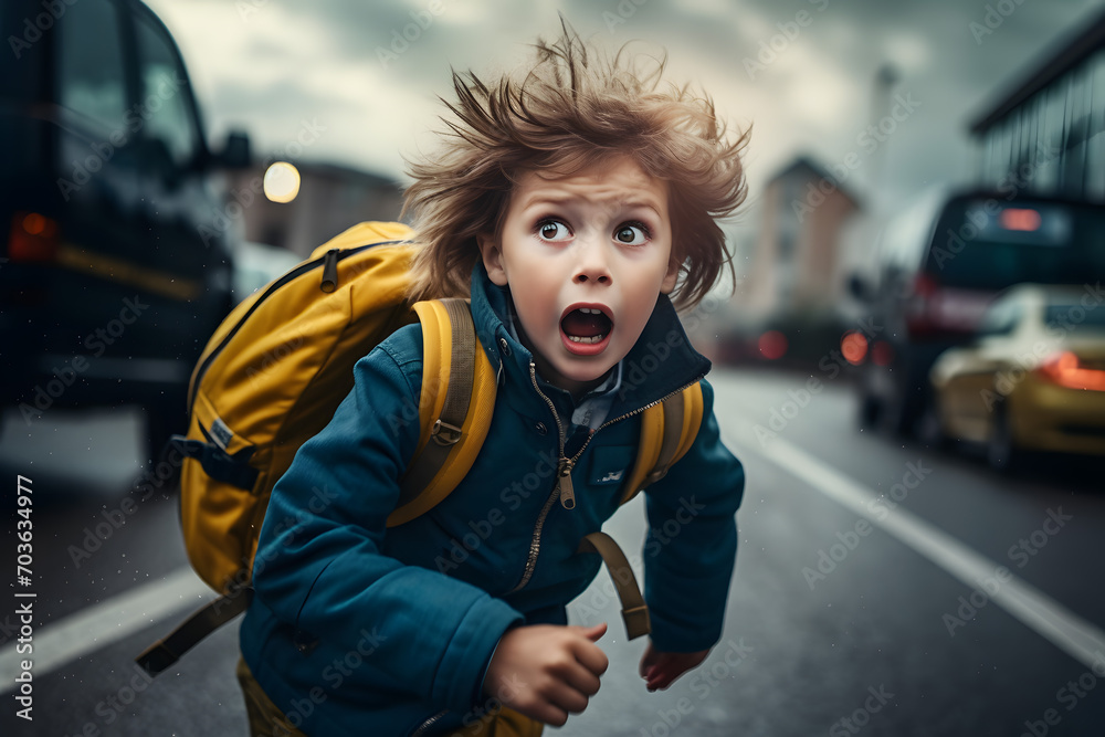 Schoolboy scared face with a backpack crosses a dangerous section of ...