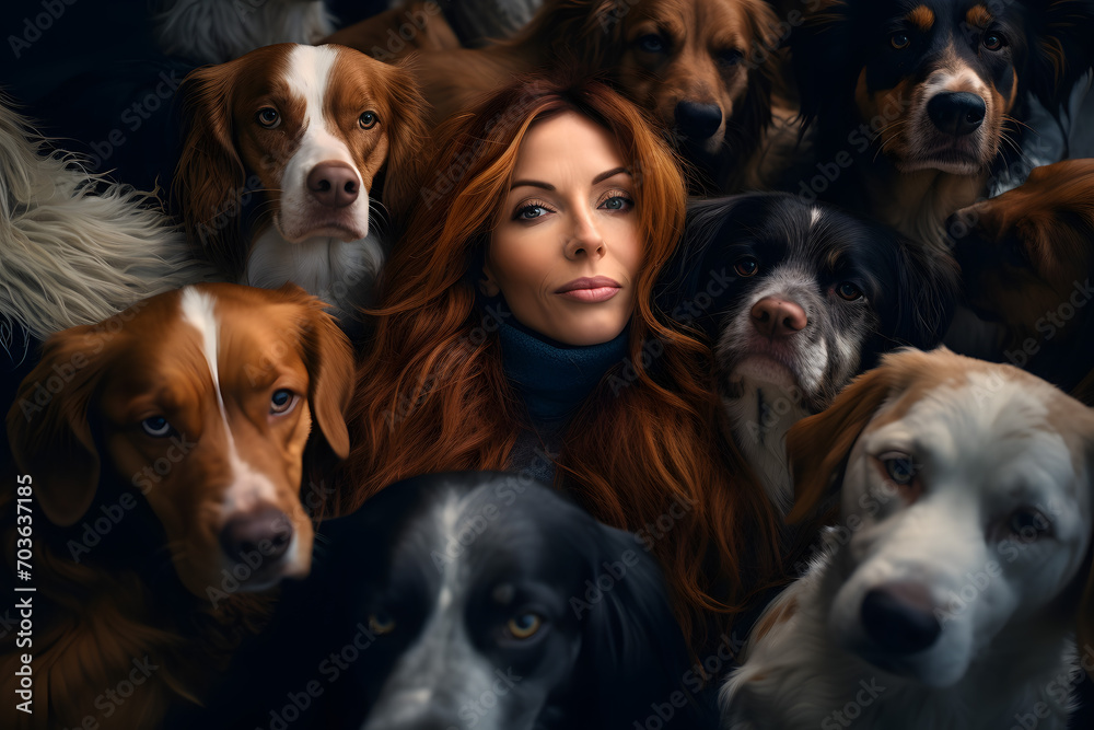 Woman sits surrounded by a lot of dogs. The concept of a person's love ...