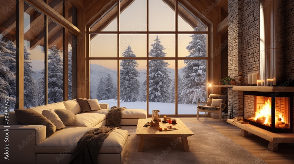 cozy warm home interior of a chic country chalet with a huge panoramic ...