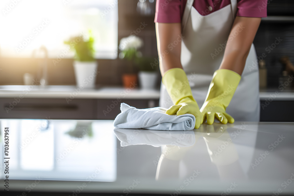 Housewife is doing the spring cleaning at home kitchen with using rag ...