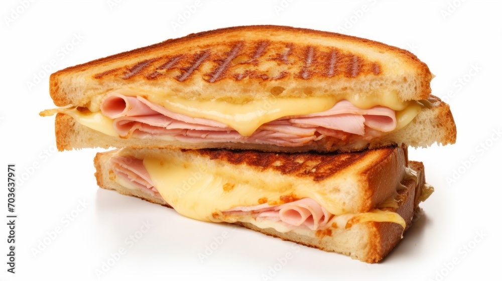 Cut cheese and ham toasted panini melt with grill marks. Isolated on ...