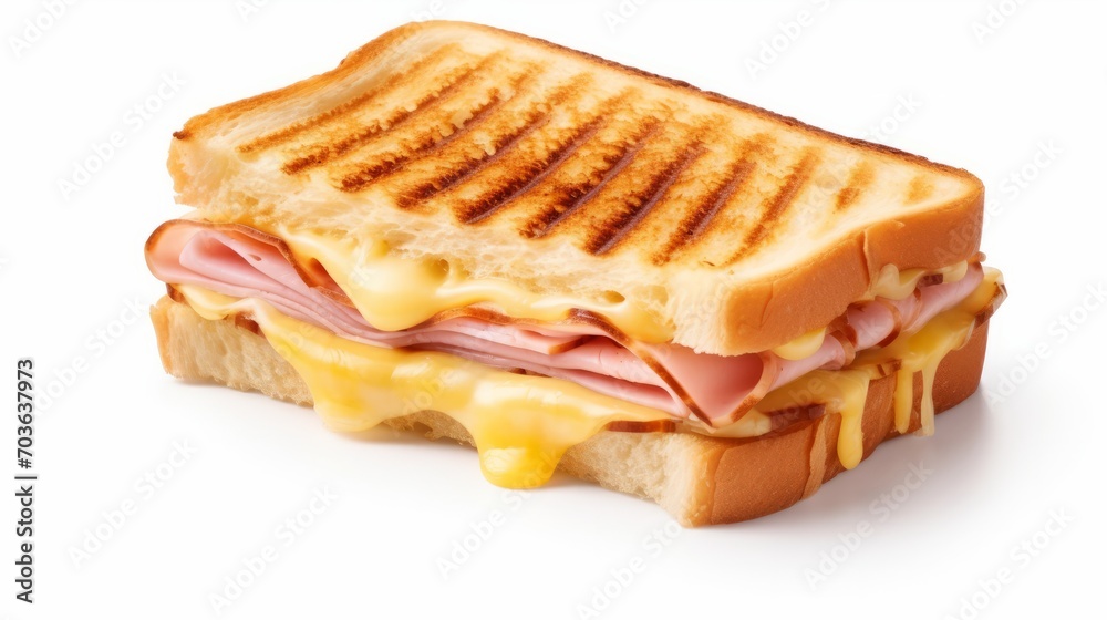 Cut cheese and ham toasted panini melt with grill marks. Isolated on ...