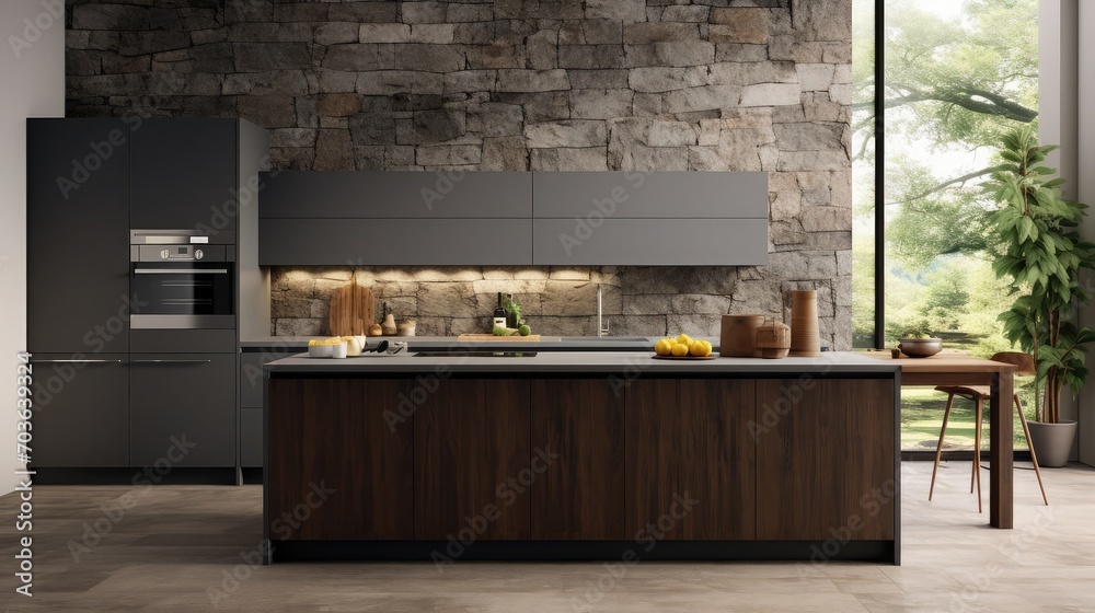 Interior of stylish kitchen with gray and stone walls, grey countertops ...