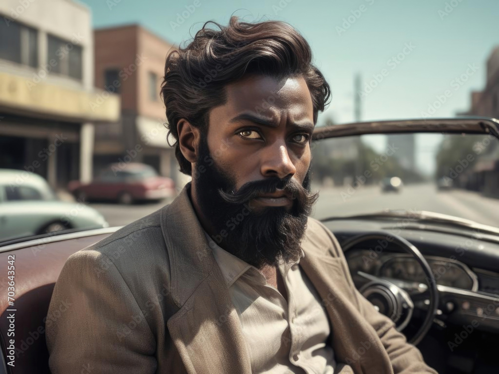 Retro Noir Driver - A captivating medium shot of a stylish dark-skinned ...