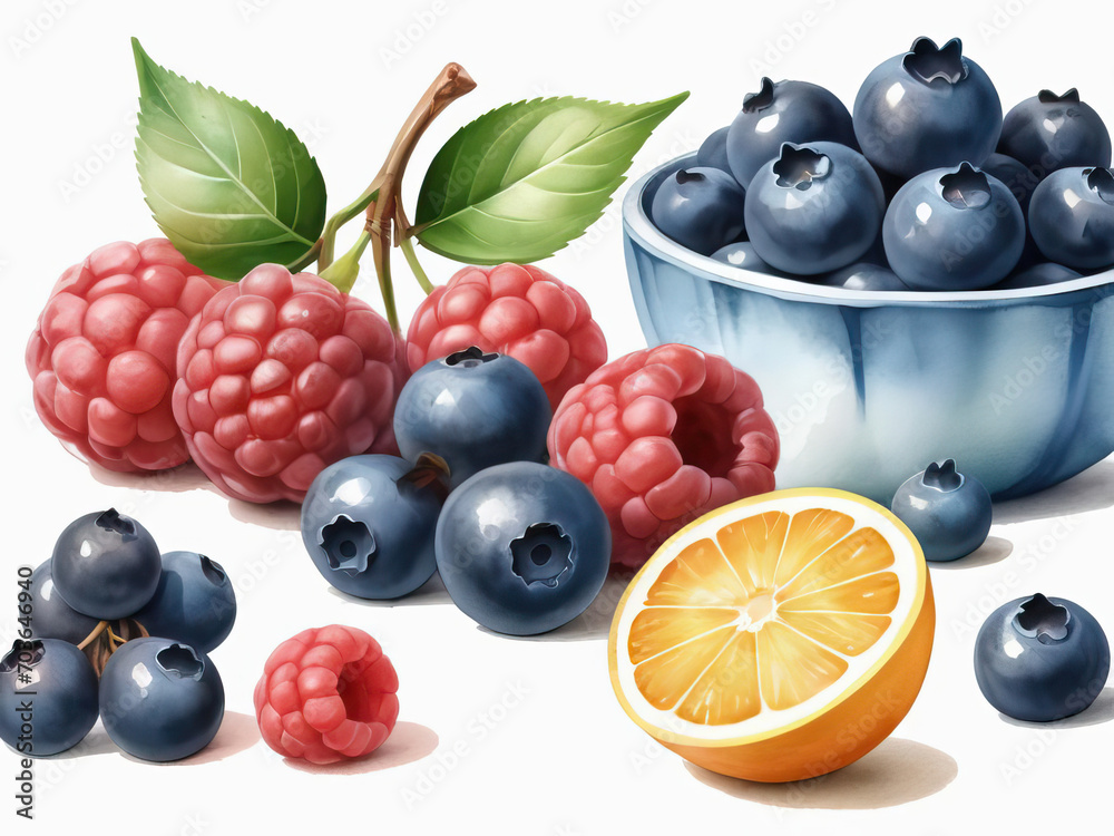 Colorful Fruit and Citrus - A vibrant illustration of plump blueberries ...