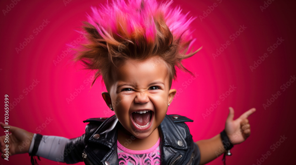 A laughing baby with a spiky pink mohawk enjoys a moment of pure joy ...