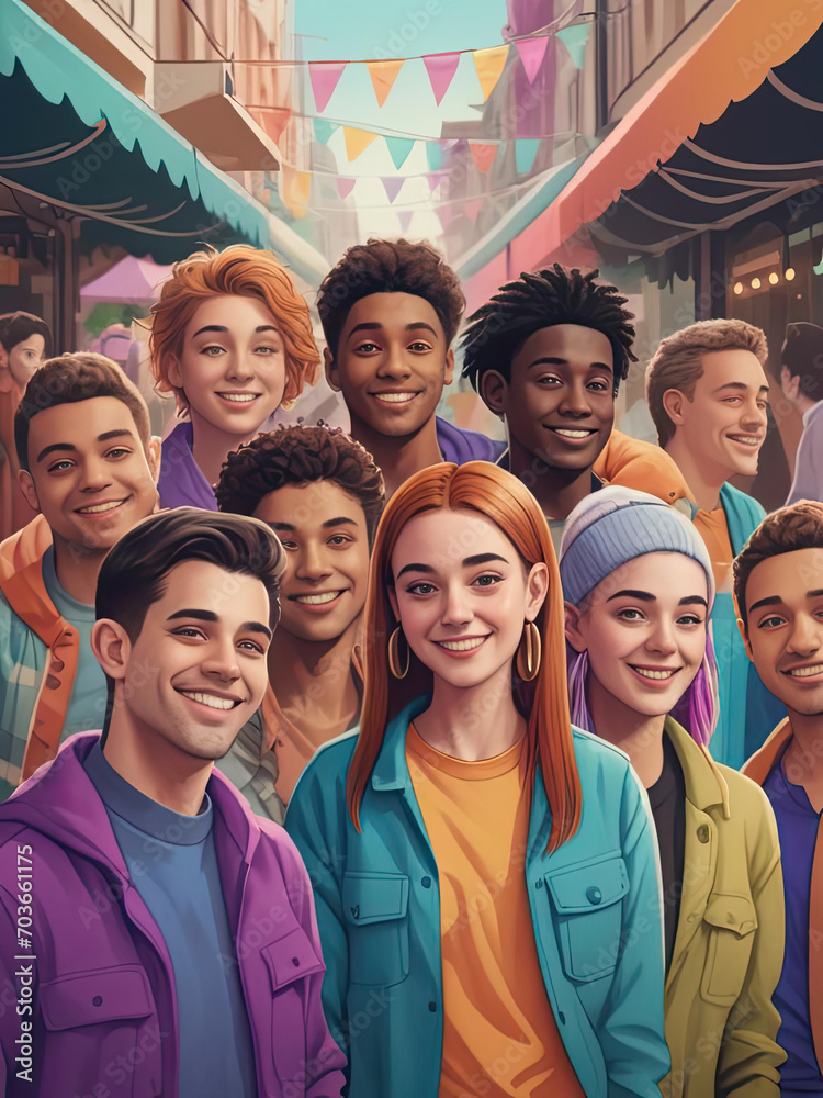 Vibrant Gen Z Friends in a Colorful Street Market - 80s-inspired ...