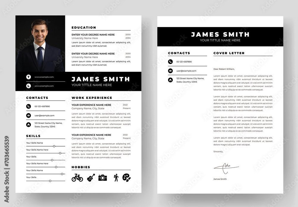 Black and White Minimal Resume Layout Stock Template | Adobe Stock