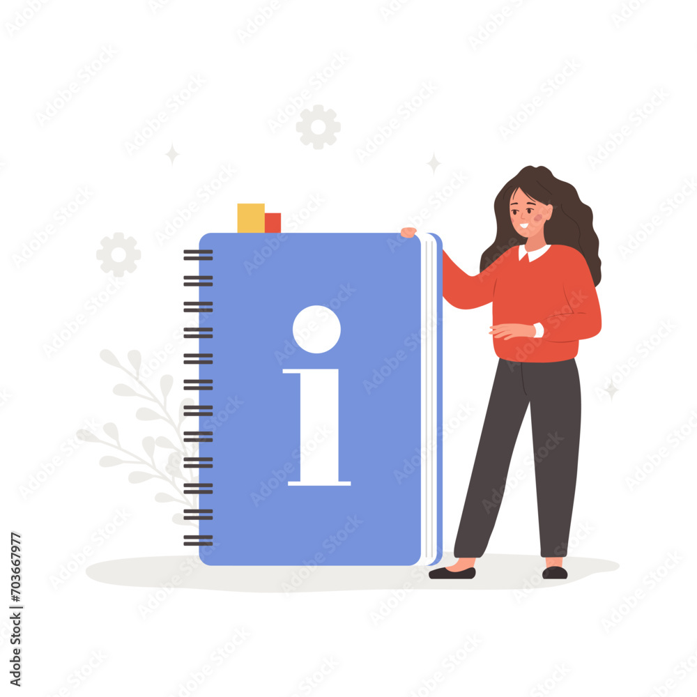 Vetor de User manual concept. Female character with huge guidebook ...