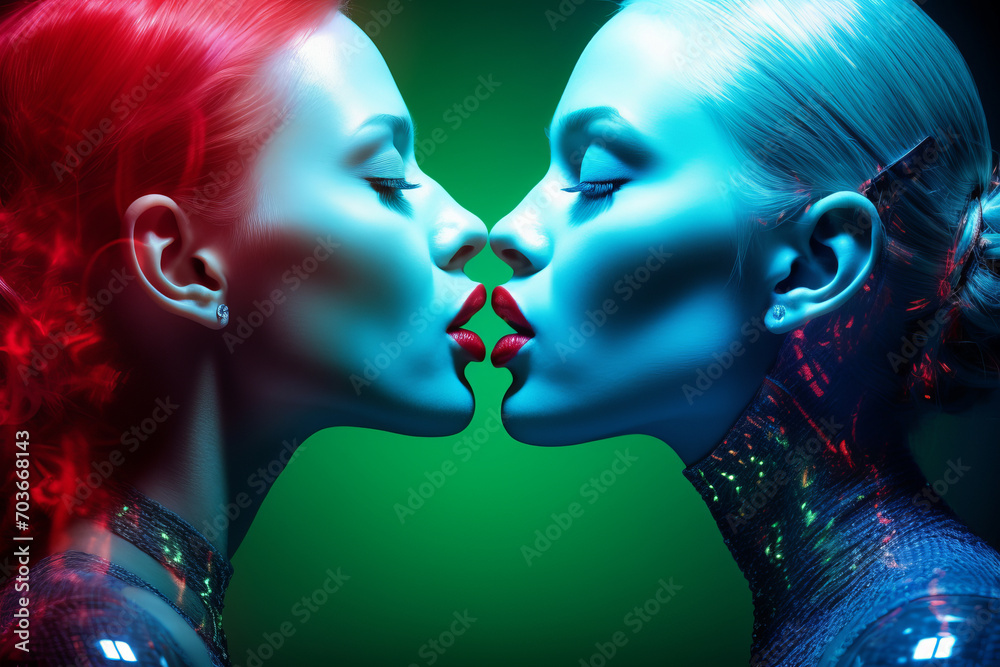 Two beautiful young woman models kissing, two girls facing each other with red and dark and ...