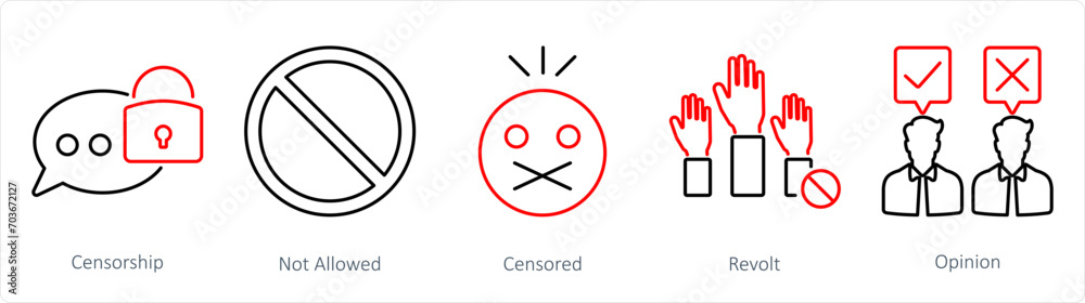 A set of 5 Freedom of Speech icons as censorship, not allowed, censored ...