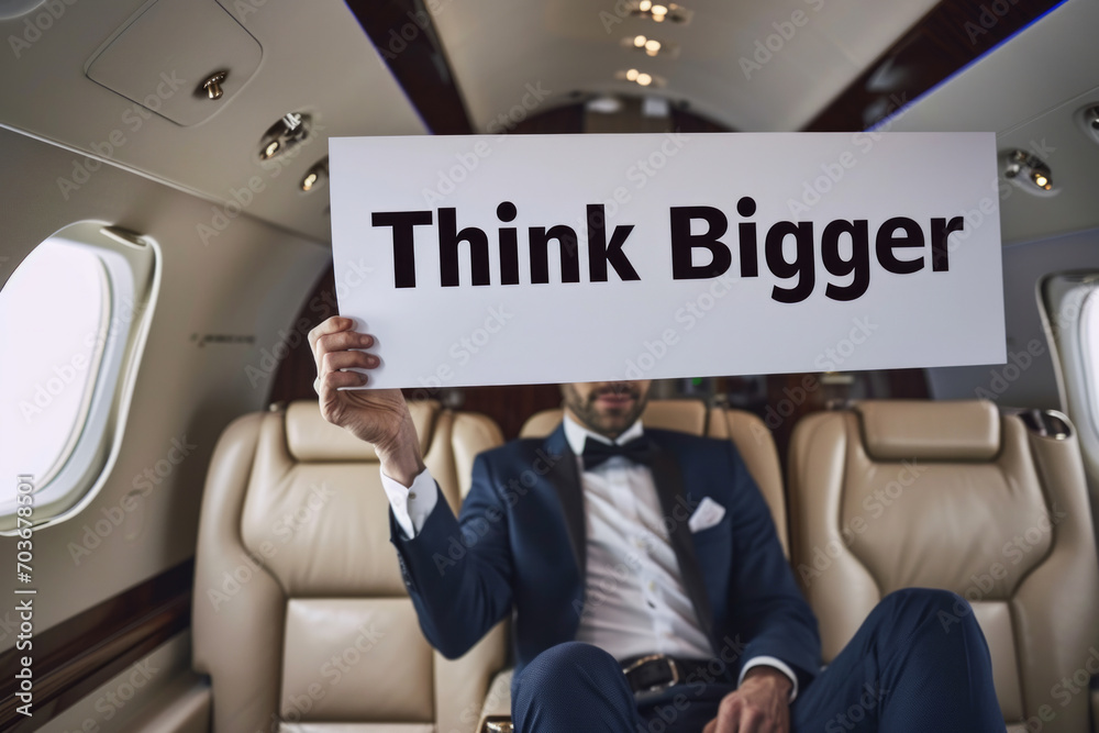 Think bigger concept image with rich successful young man in private ...