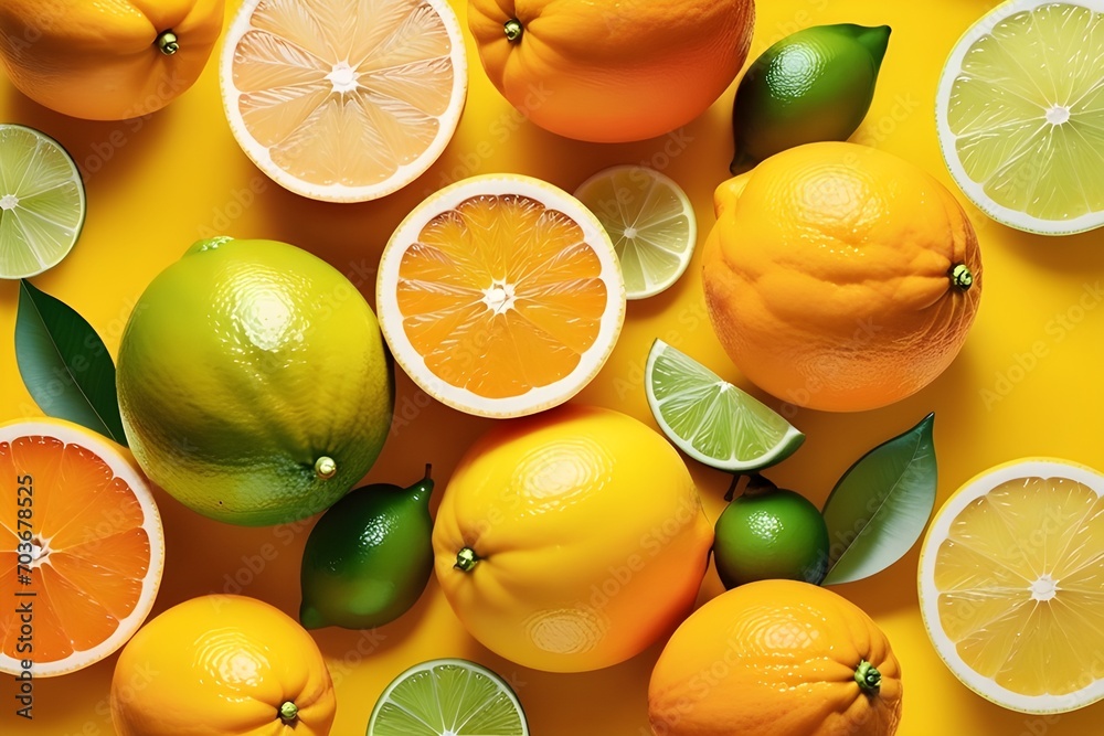A citrus-themed wallpaper with oranges, lemons, and limes against a ...