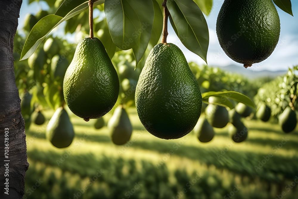 A scene showcasing an avocado orchard with ripe fruit hanging from ...