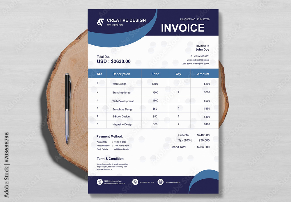 Modern And Simple Invoice Layout With Blue Color Stock Template | Adobe ...
