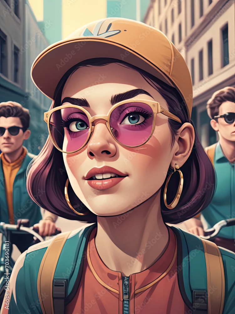 Vintage City Bike Tour - A close-up portrait illustration of a millennial exploring urban ...